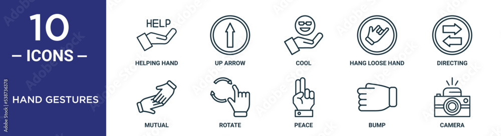 hand gestures outline icon set includes thin line helping hand, up arrow, cool, hang loose hand ...
