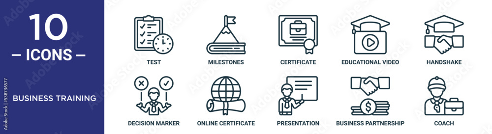 business training outline icon set includes thin line test, milestones ...
