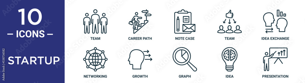 startup outline icon set includes thin line team, career path, note ...