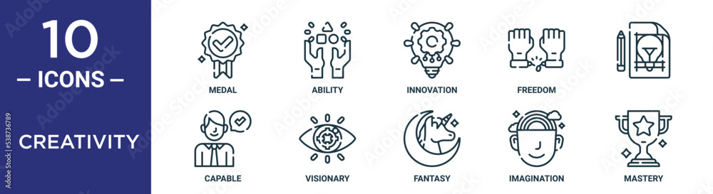 creativity outline icon set includes thin line medal, ability ...