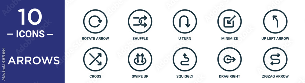 arrows outline icon set includes thin line rotate arrow, shuffle, u turn, minimize, up left ...