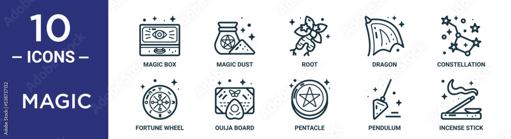 magic outline icon set includes thin line magic box, magic dust, root ...