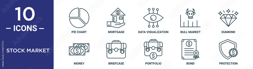 stock market outline icon set includes thin line pie chart, mortgage ...