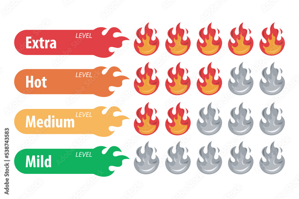 Vector illustration of a red chili strength scale indicator set with the position of the fire ...