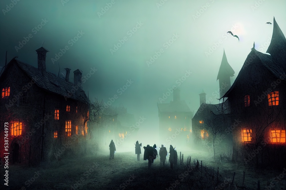 Hunted Village dark and foggy, dark village with heavy fog Halloween ...