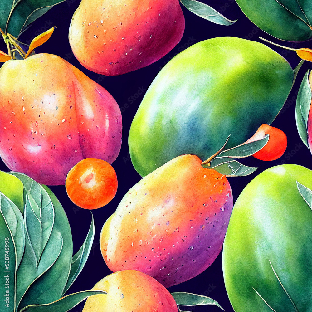 Seamless stylized background with various tropical fruits. Mix of ...