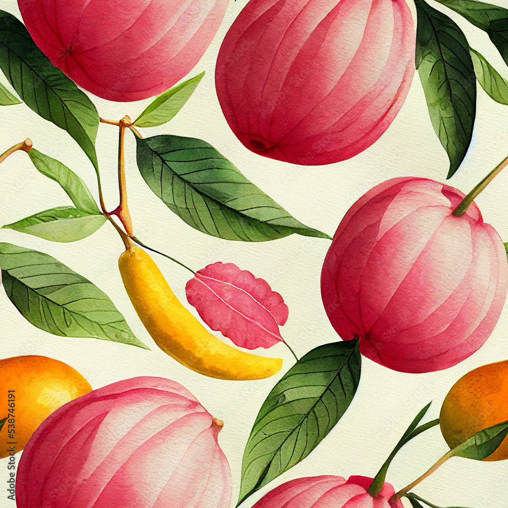 Seamless stylized background with various tropical fruits. Mix of ...