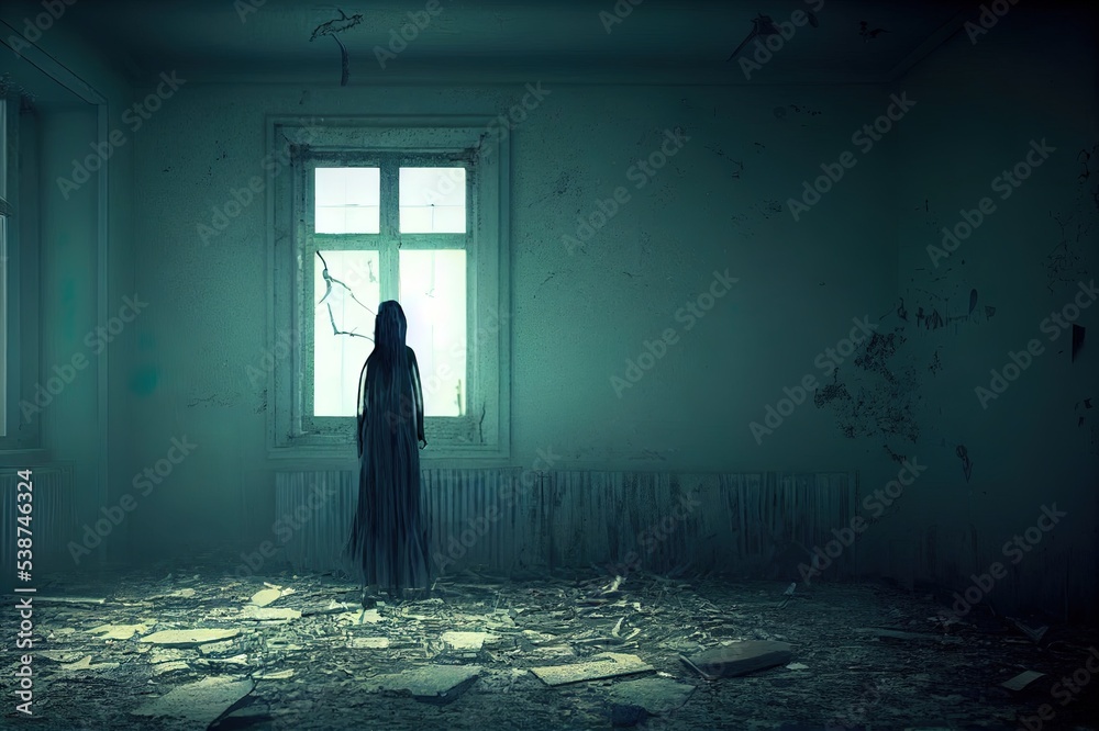 Floating Ghost Evil Spirit Looking Over Her Shoulder in a Derelict ...