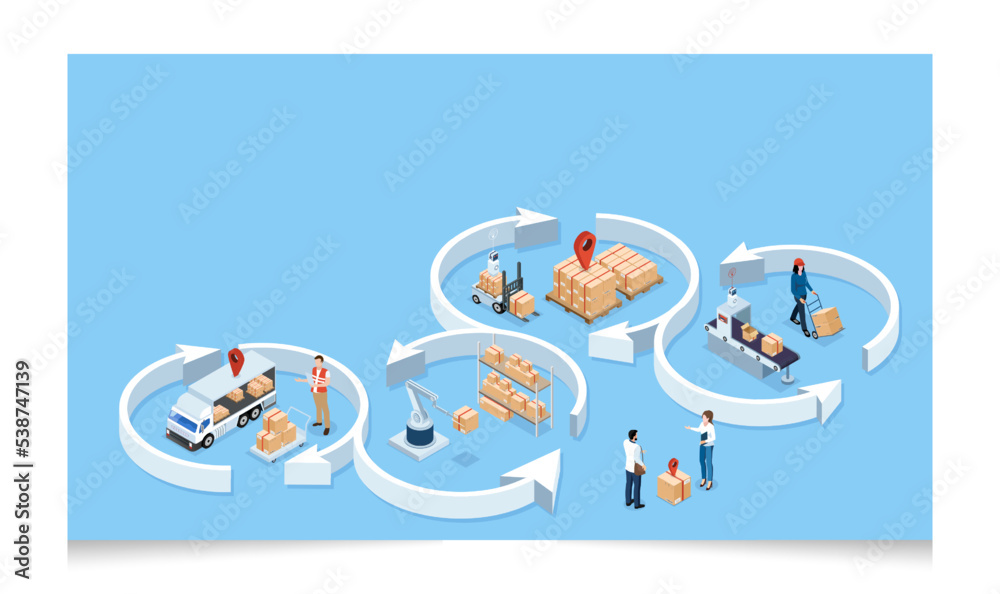 3D isometric Logistics and Delivery services concept with People transport product boxes from ...