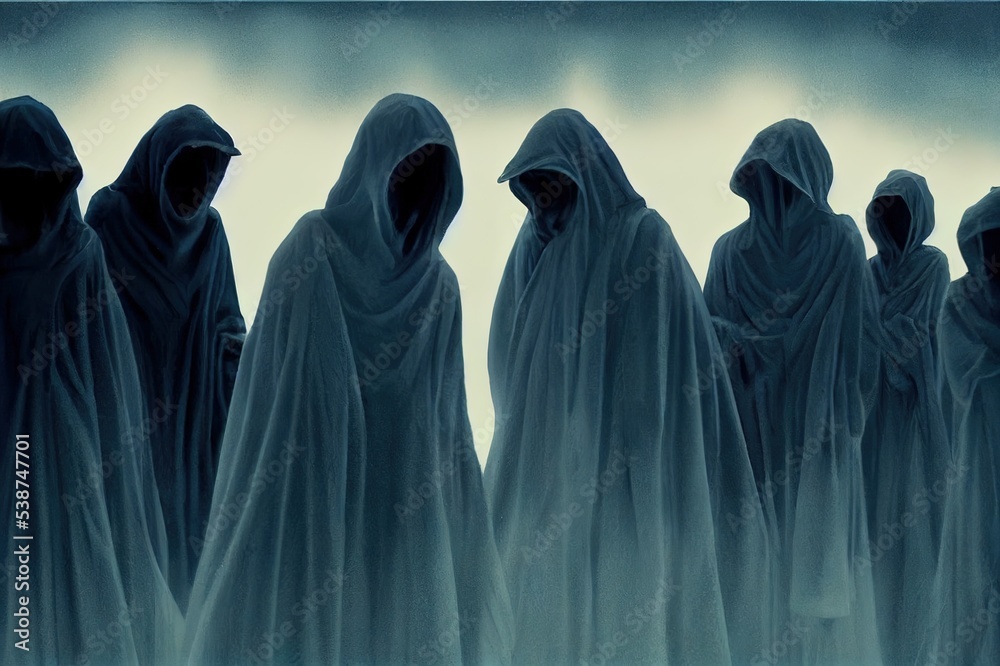 Group of five scary figures in hooded cloaks in the dark Stock ...
