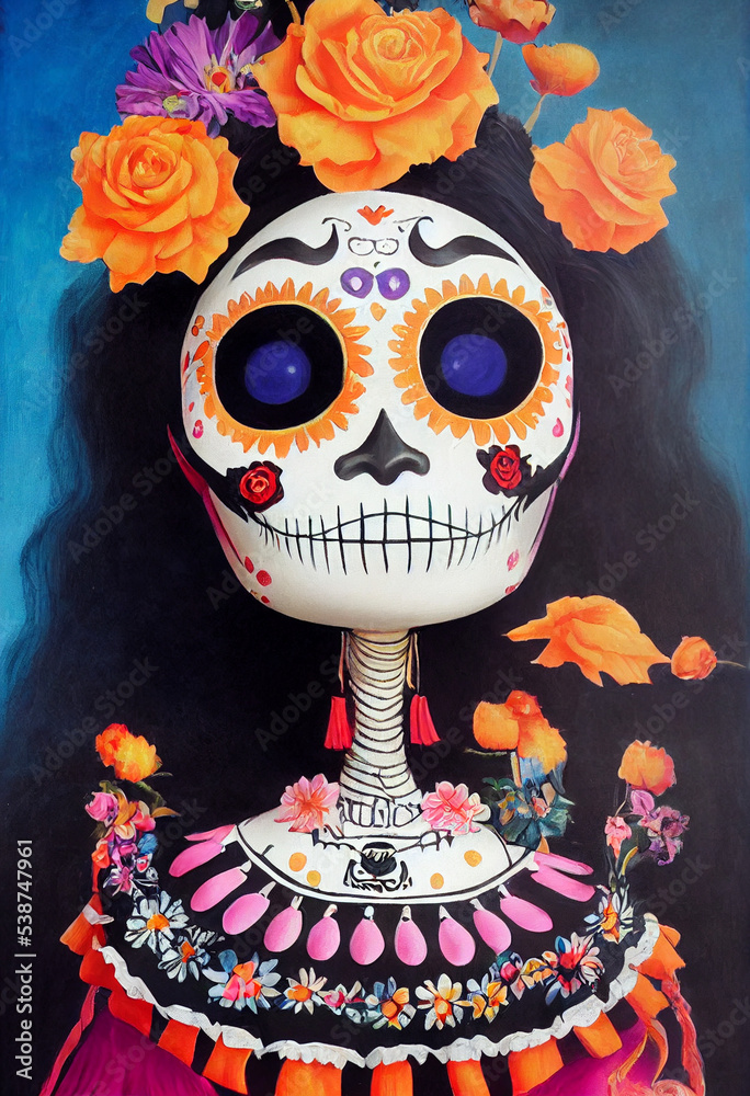 Cute Catrina draw. Catrina in a cartoon style. Catrina with flowers ...