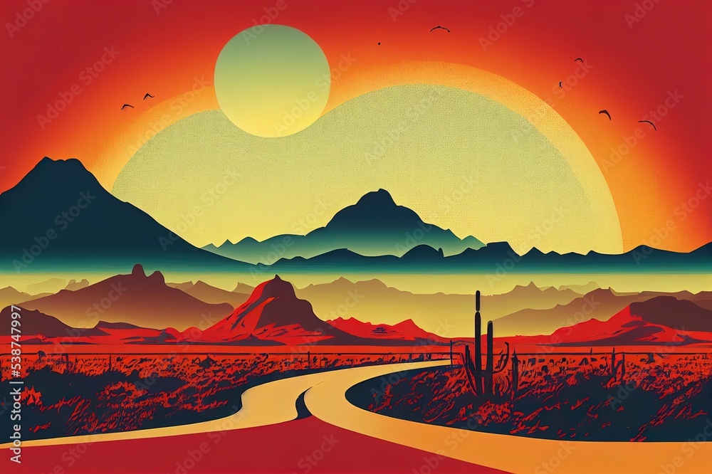 sunrise the desert, road tripe vintage wild west, Western desert 2d ...