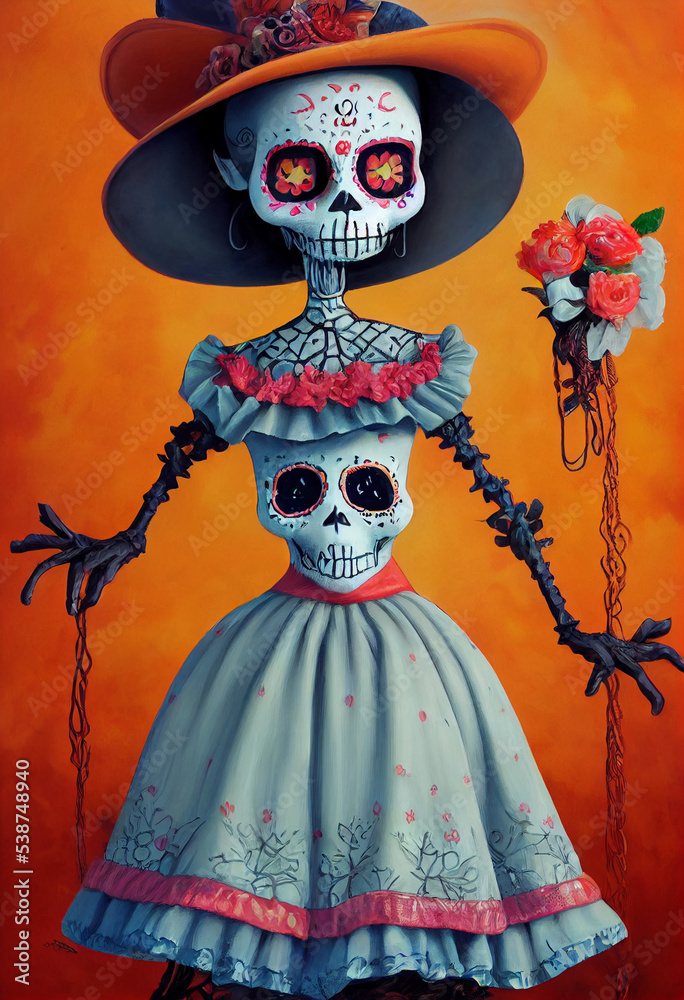 Cute Catrina doll draw. Catrina doll in a cartoon style. Catrina with ...