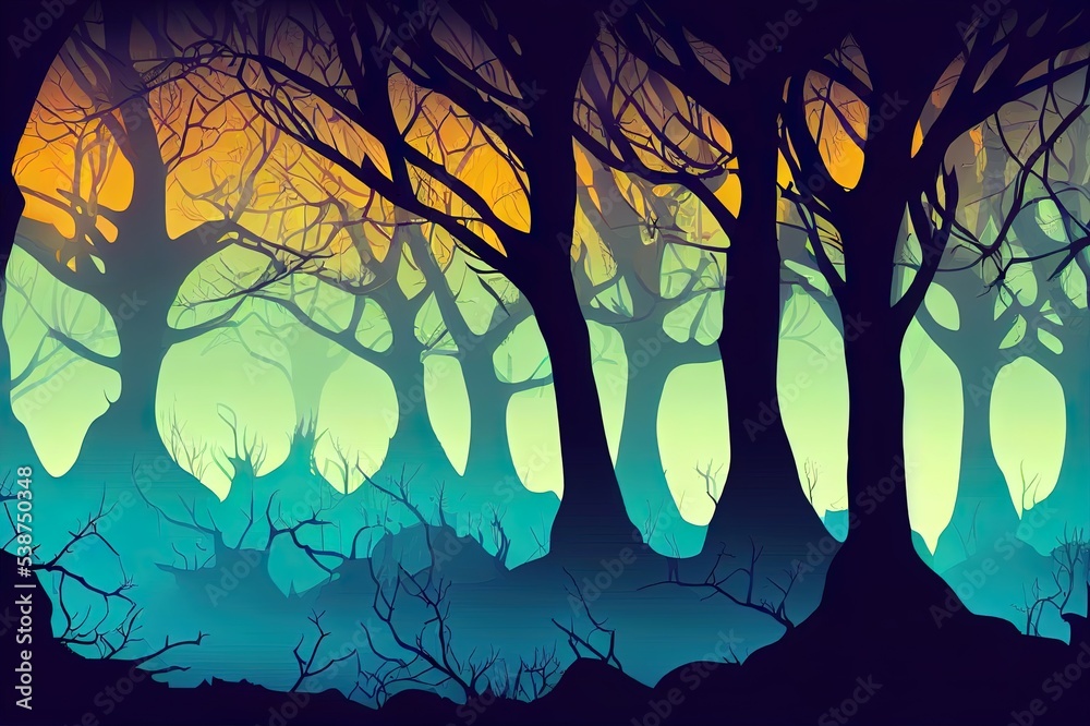 Scary dark forest at night. Halloween background with spooky woods. 2d ...