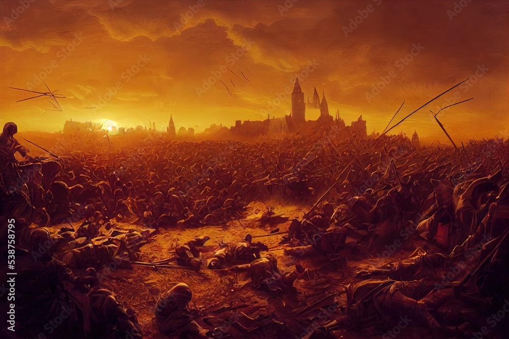 A battlefield with wounded, defeated knights, those who survived are ...