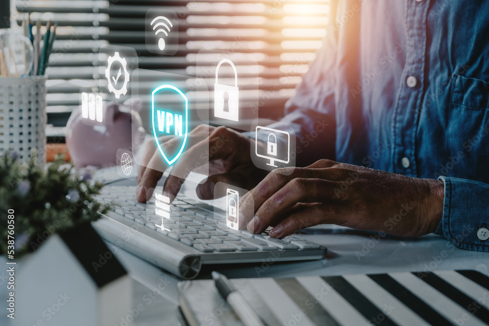 VPN Virtual Private network protocol concept, Man hand typing on ...