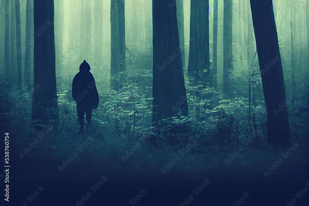 A dark scary concept. Of a mysterious bigfoot figure, walking through a ...