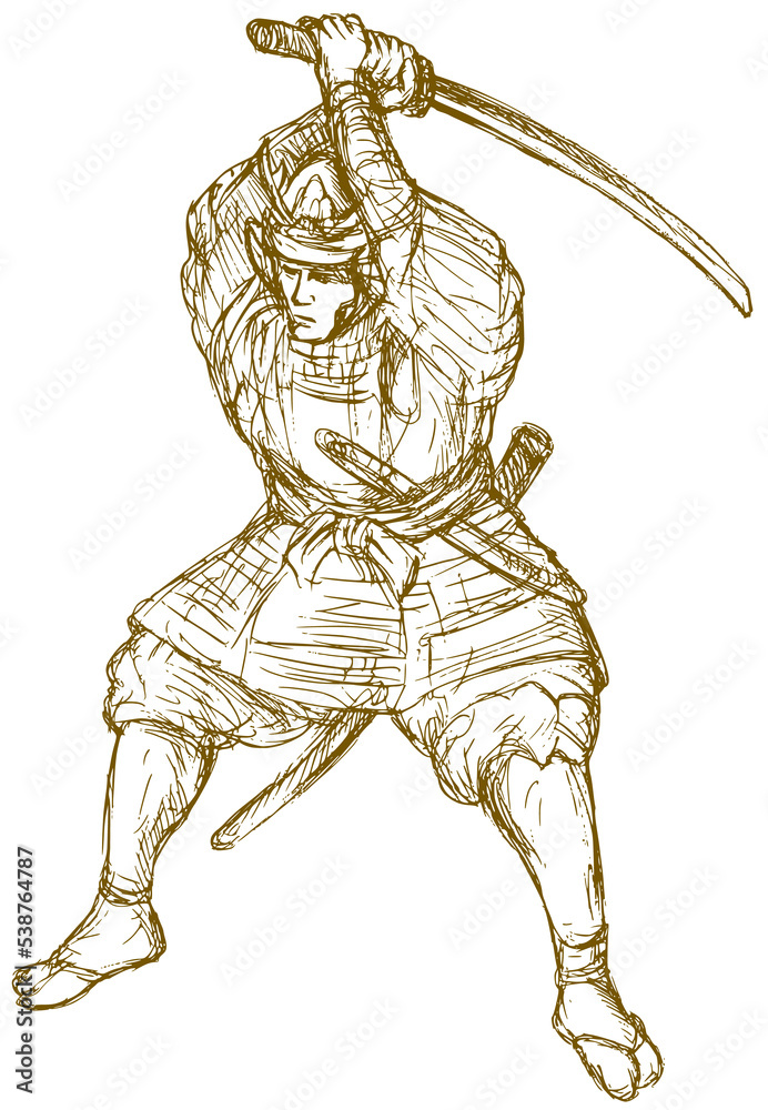 hand drawn sketch illustration of a samurai warrior with sword in ...