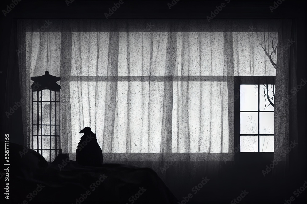 Horror silhouette in window with curtain inside bedroom at night ...