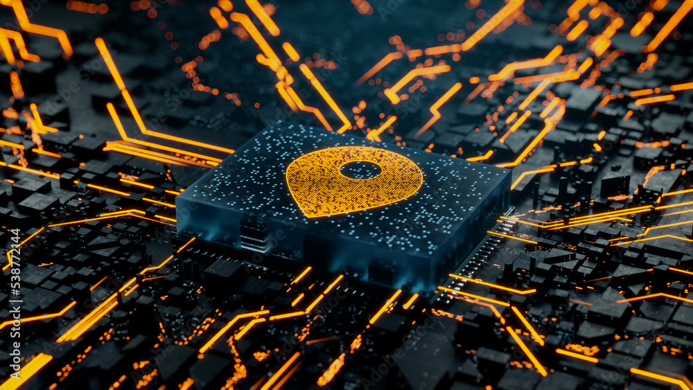 Location Technology Concept with map pin symbol on a Microchip. Data ...