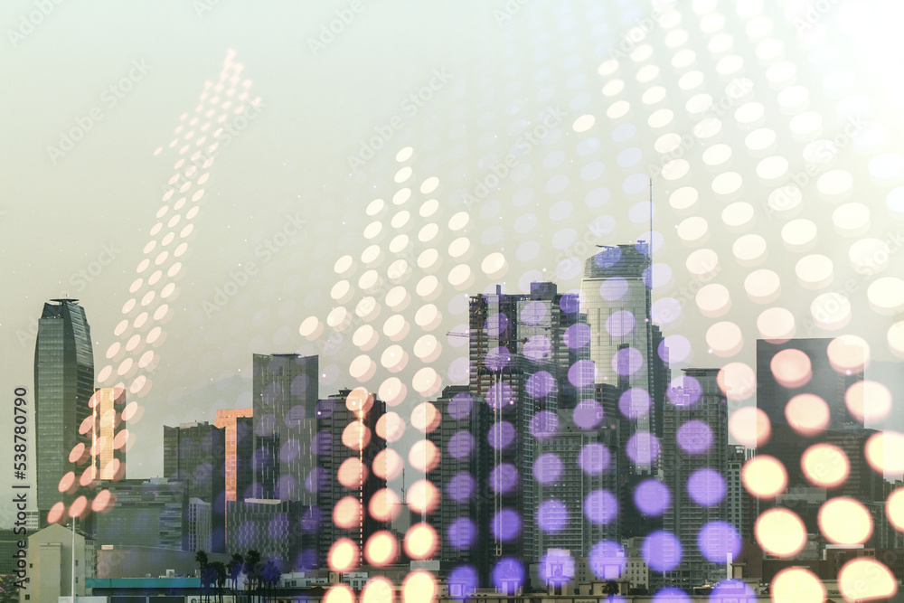 Double exposure of abstract virtual upward arrows hologram on Los ...