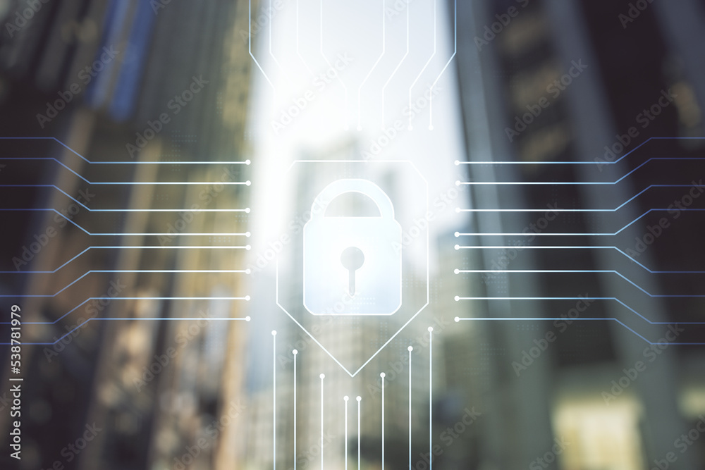 Virtual creative lock symbol and microcircuit illustration on office ...