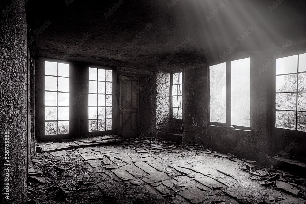 Dark and creepy wooden cellar door open at bottom of old stone stairs ...