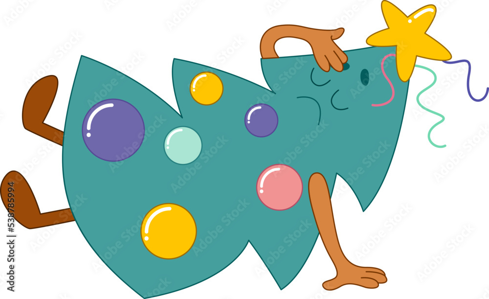 Tired character of the Christmas tree fell to the floor. Cartoon style ...