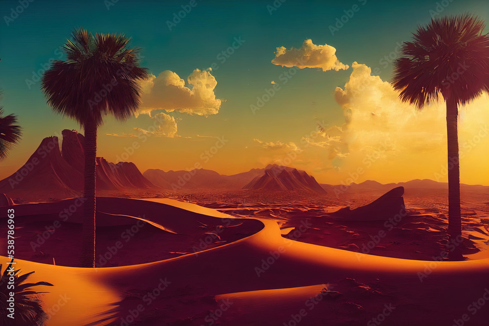Fantasy futuristic desert landscape, neon sunset, palm trees, clouds ...
