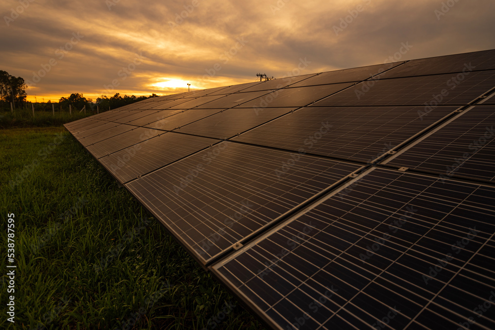 Beautiful sunset over Solar Farm with sunset on the background Stock ...