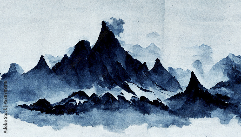 sumi-e painting of Asian traditional mountain landscape Stock ...