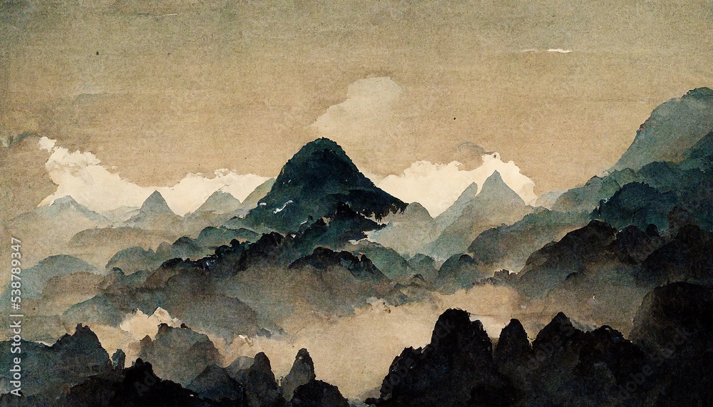 sumi-e painting of Asian traditional mountain landscape Stock ...