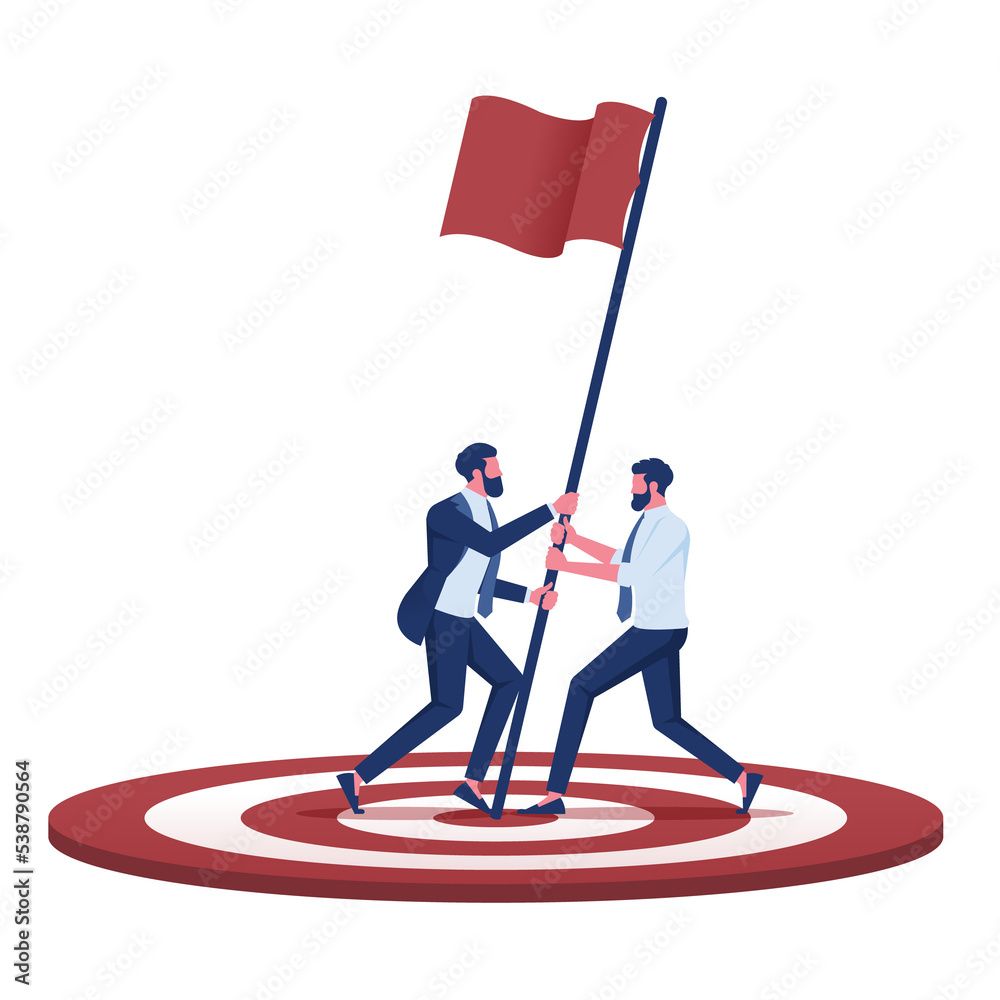 Business team holding red flag to mark target point, goal and focus ...
