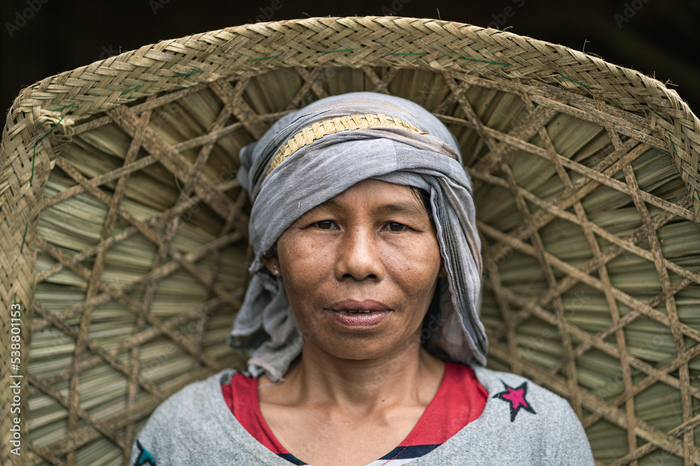 Portrait of an old Asian female farmer dressed in local culture with ...