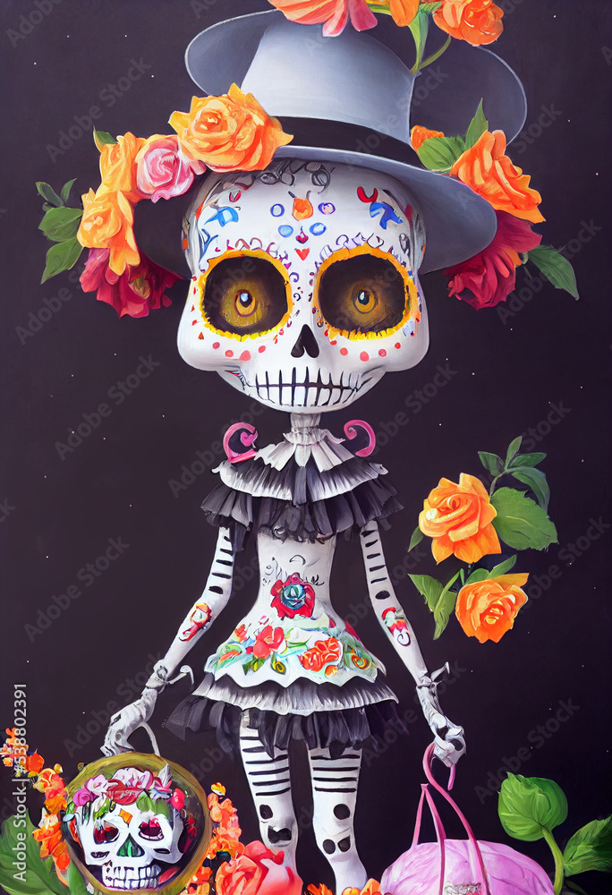 Colourful Catrina doll draw. Catrina sugar doll in a cartoon style ...