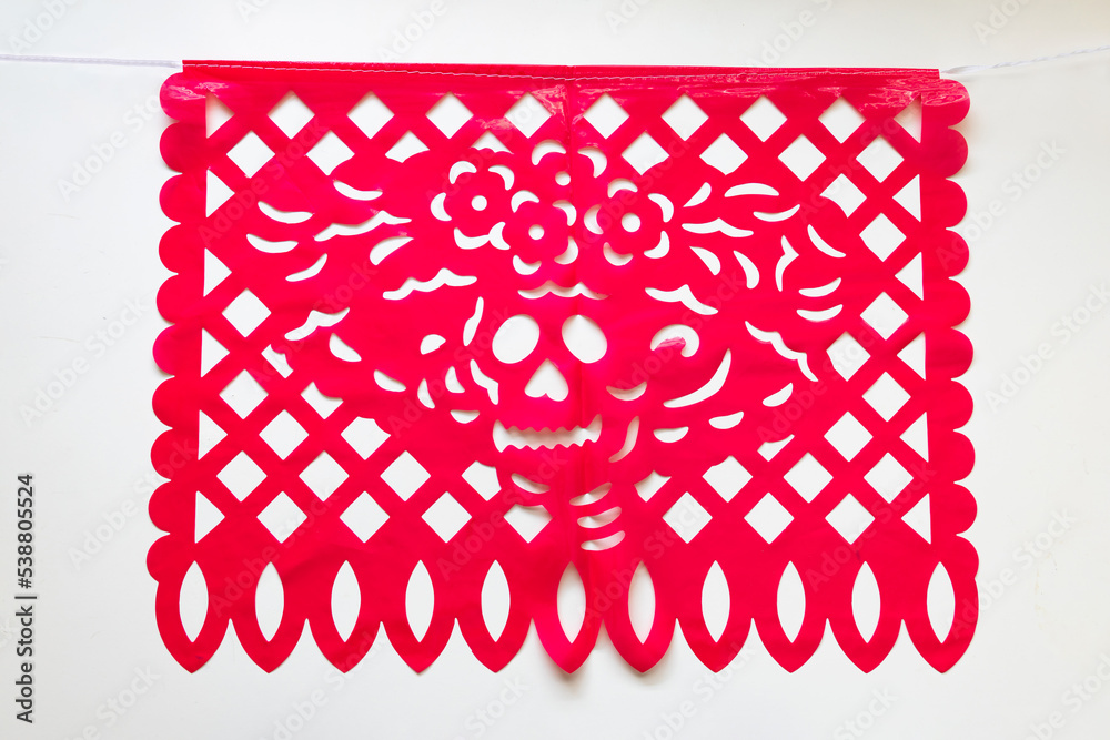Day of the Dead, Papel Picado with a skull head wearing a hat, pink ...