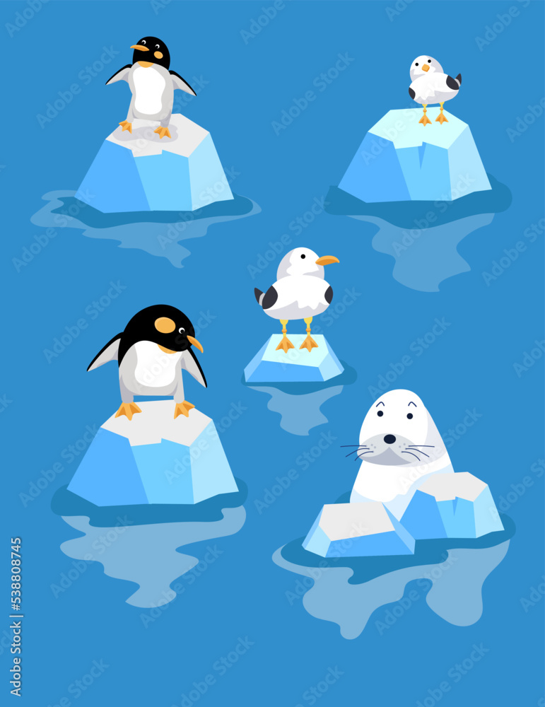 Cute polar animals, penguins, birds among the ice, icebergs in cartoon ...