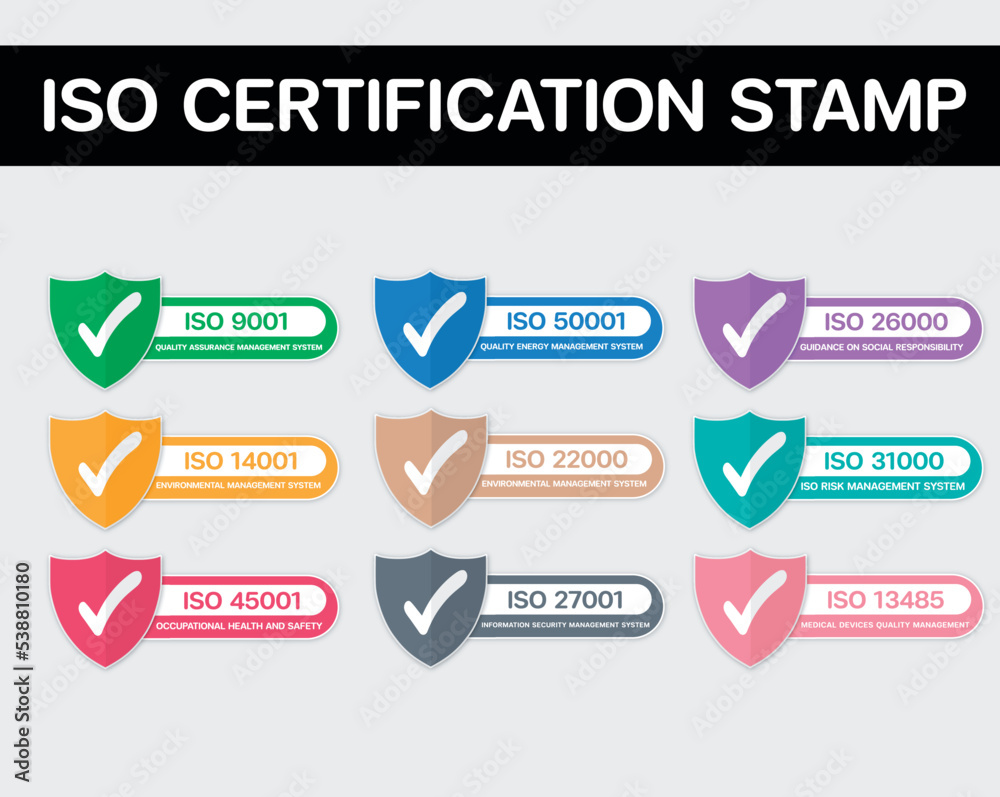 ISO certification stamp and labels collection, GMP good manufacturing ...