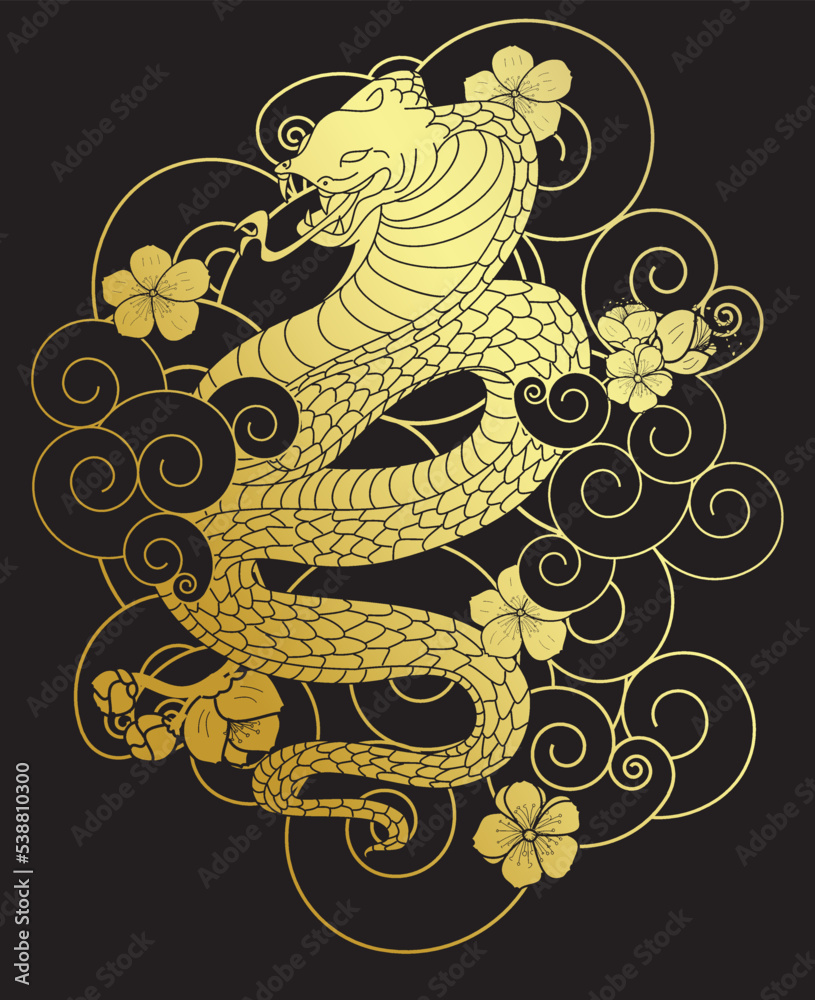black and white vector Snake with cherry blossom and cloud background ...