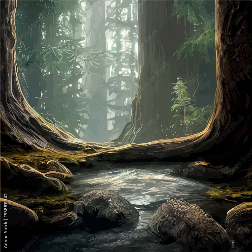 Dark forest cartoon illustration, vector, Moonlight illuminates the ...