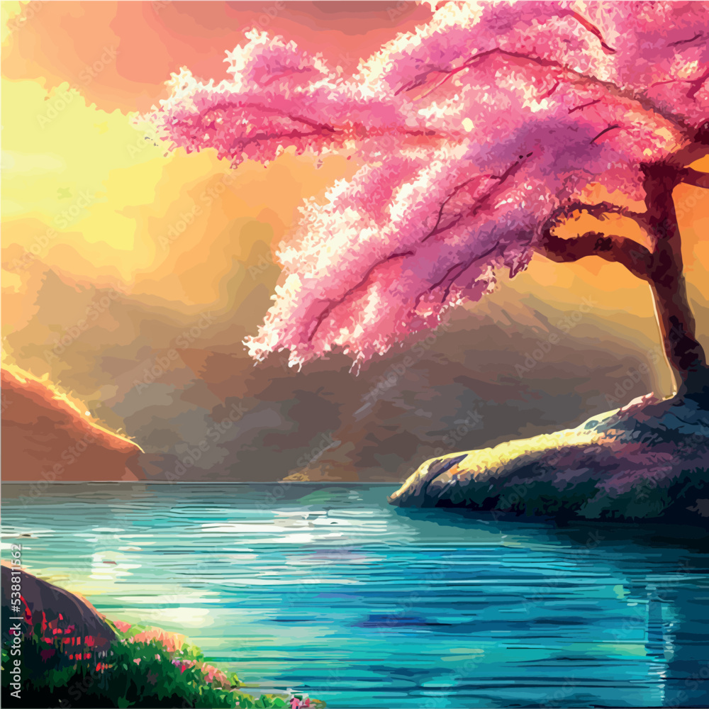 vector illustration. artistic picture Japan volcanic mountains. Asian ...