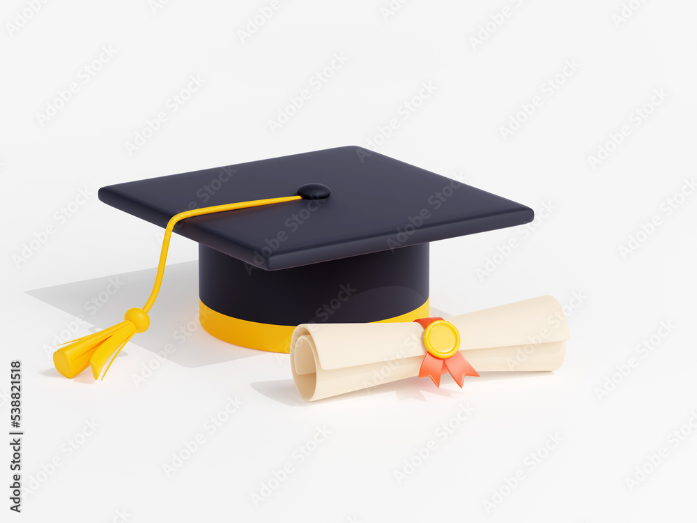 Student graduation cap and diploma scroll. Concept of academic tuition ...