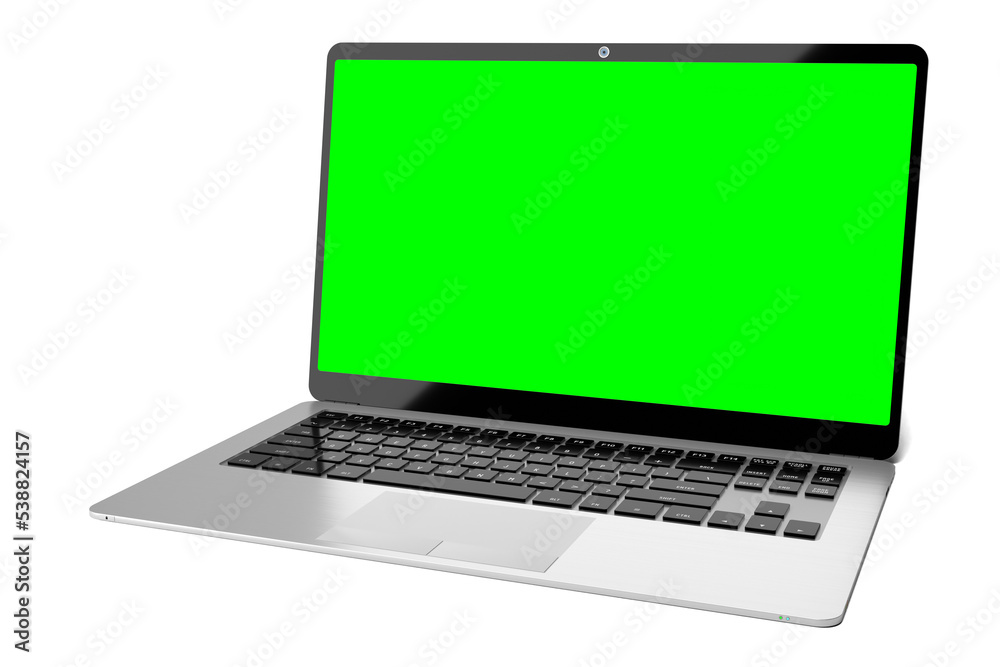 Modern laptop with green screen isolated on transparent background - 3D ...