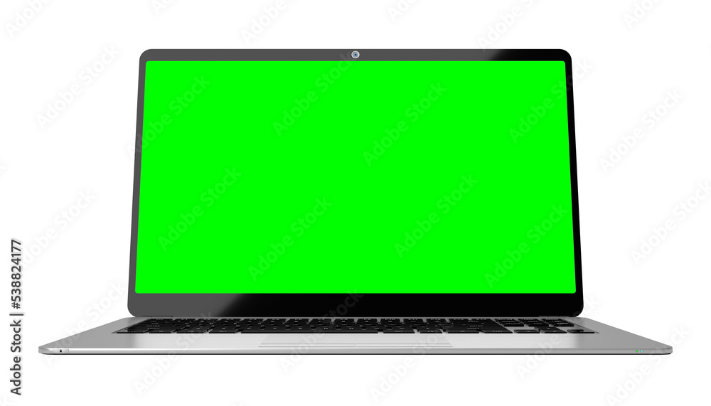 Modern laptop with green screen isolated on transparent background - 3D ...
