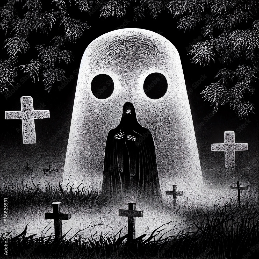 Black and white illustration. Huge white hungry ghost, spooky graveyard ...