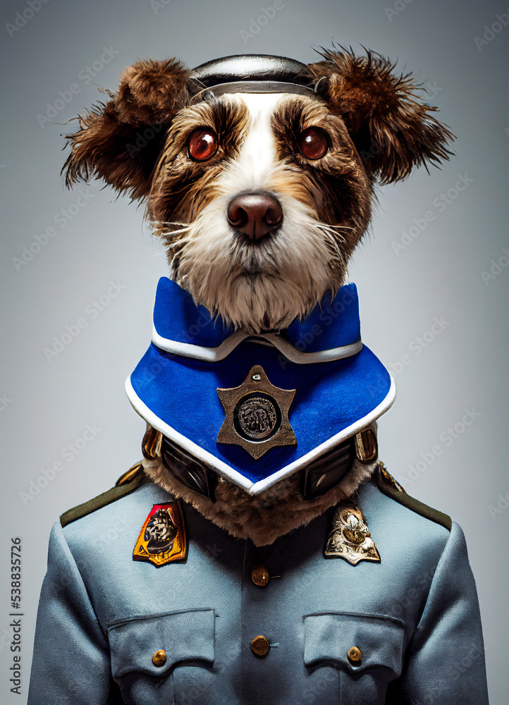Dog dressed up with a police officer costume, portrait with studio ...