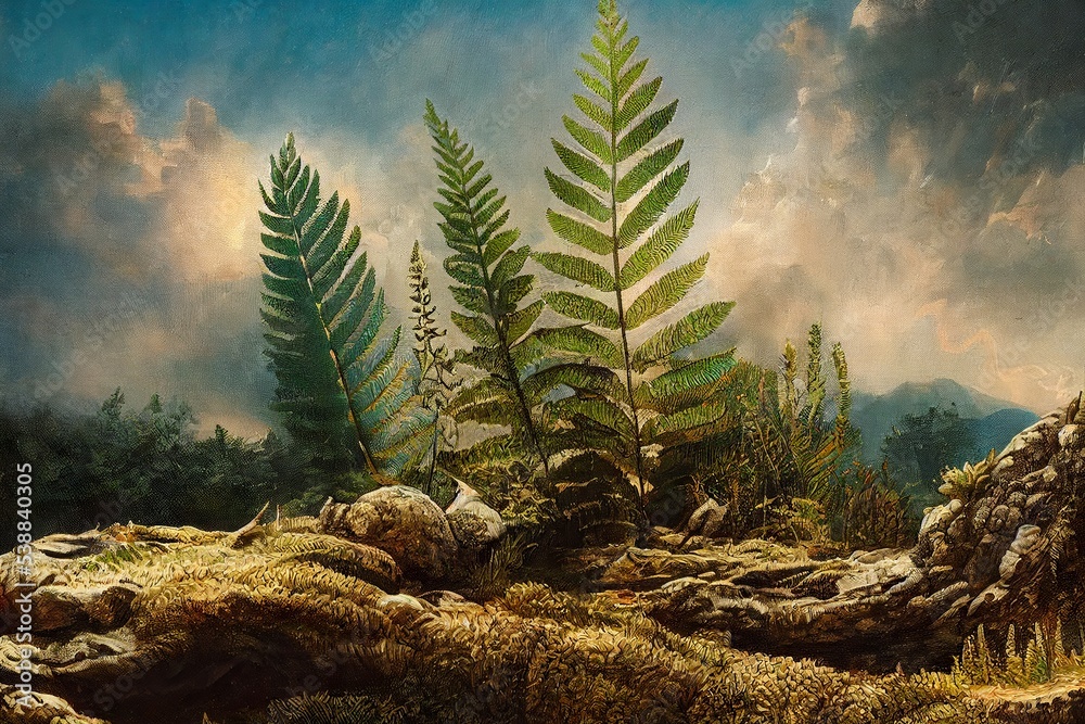 Prehistoric Landscape Of Flora And Fauna From Jurassic Era With Fern Leaves And Dark Sky Stock