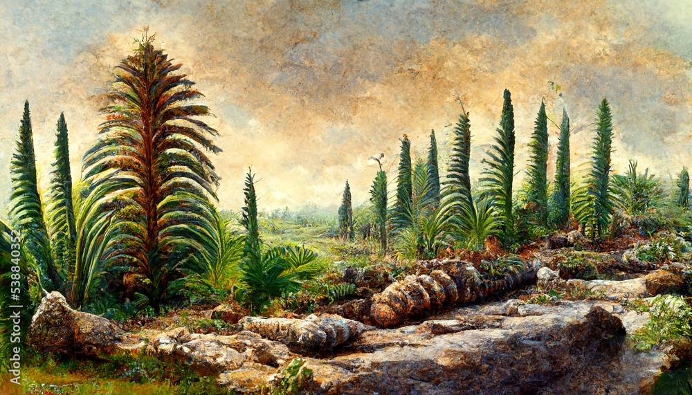 Prehistoric landscape of flora and fauna from jurassic era with ferns ...