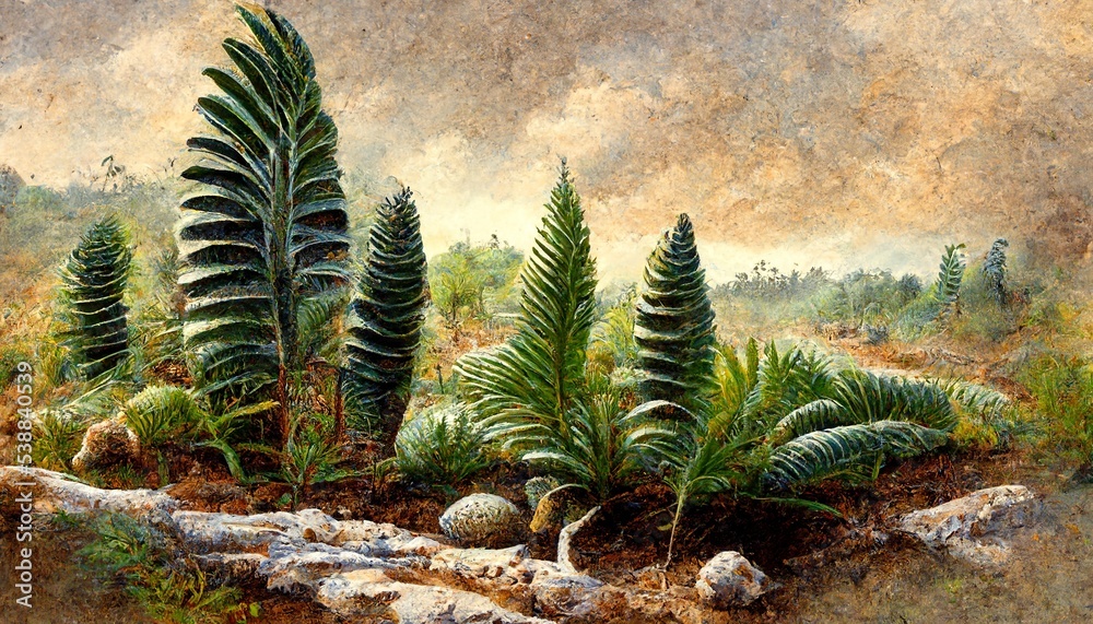 Prehistoric landscape of flora and fauna from jurassic era with cycad ...