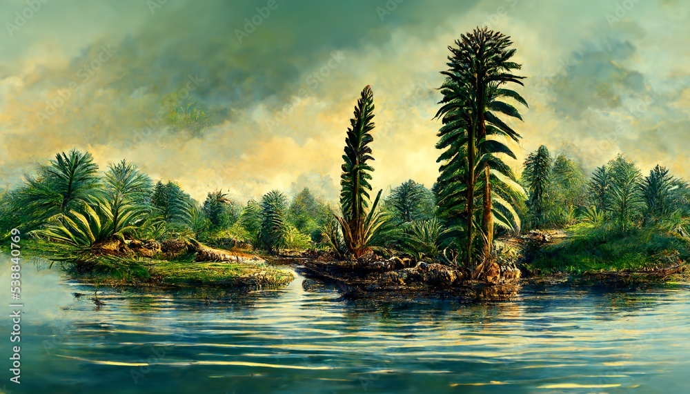 Prehistoric landscape of flora and fauna from jura and trias era Stock ...